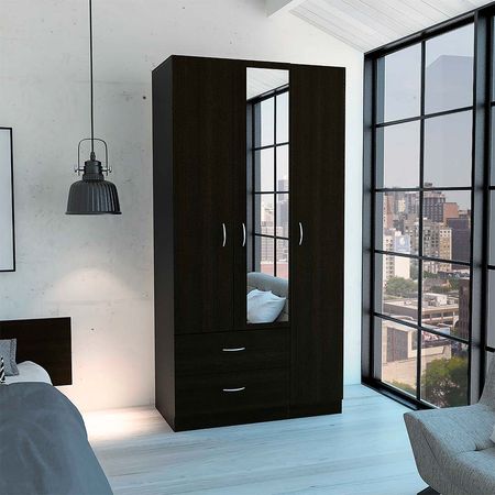 Ropero Asti 3 Puertas 2 Cajones + Espejo Melamina Negro Amaderado ...