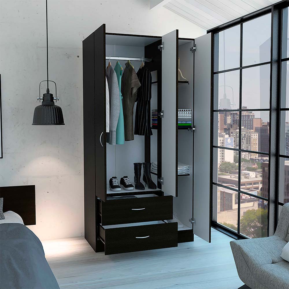 Ropero Asti 3 Puertas 2 Cajones + Espejo Melamina Negro Amaderado ...