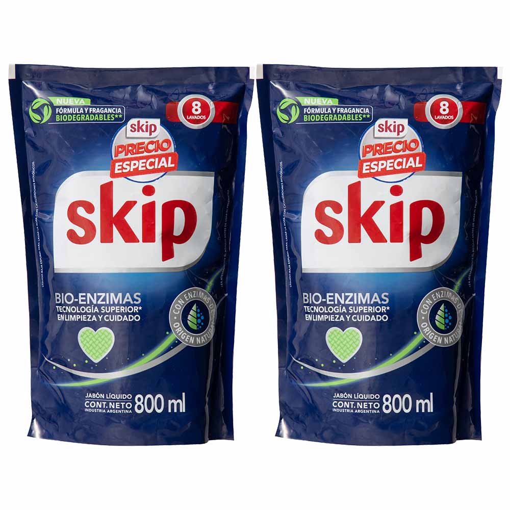 Detergente Líquido SKIP Bio Enzimas Doypack 800ml SKIP Paquete 2un ...