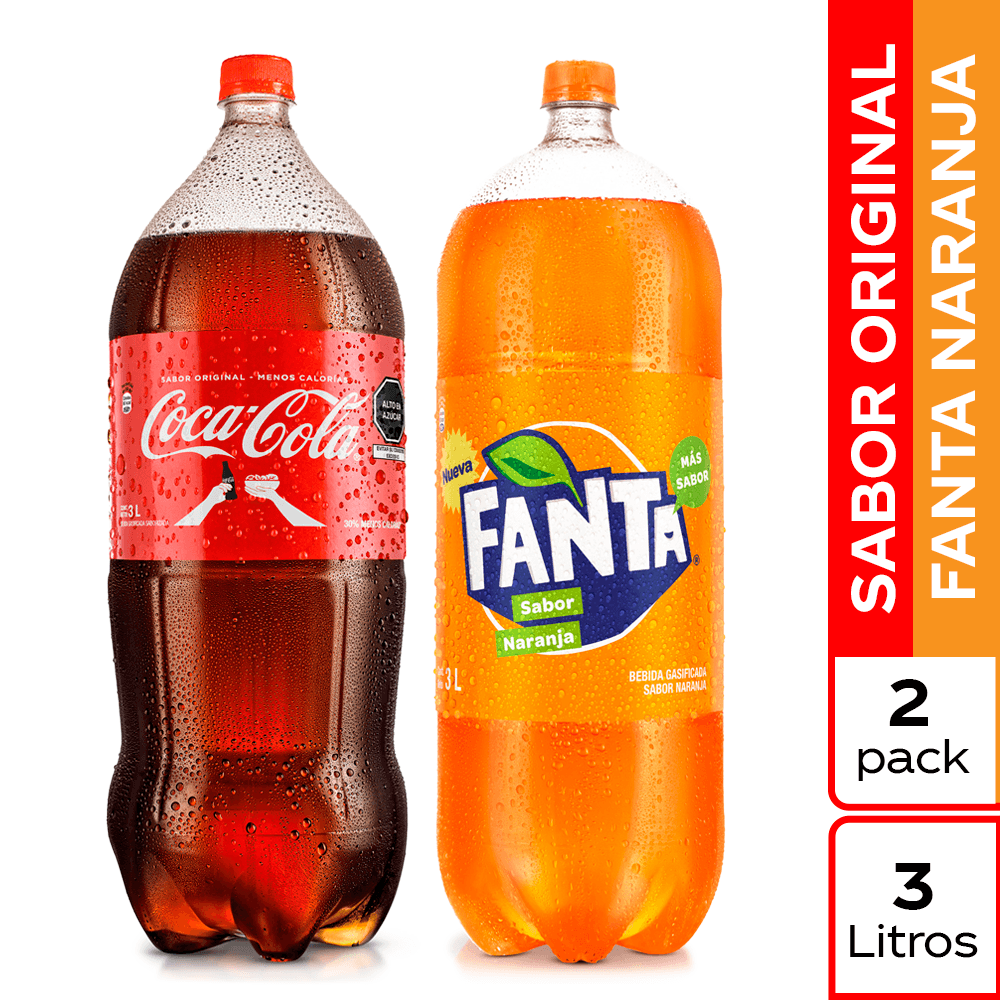 Pack Gaseosa COCA COLA Botella 3L + Gaseosa FANTA Naranja Botella 3L ...