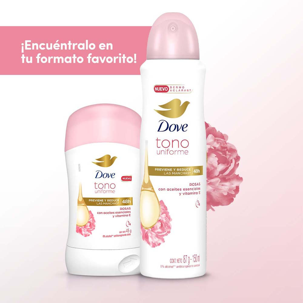 Desodorante en Aerosol para Mujer DOVE Tono Uniforme Rosas Frasco 150ml ...
