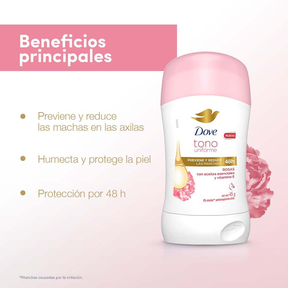 Desodorante en Barra para Mujer DOVE Tono Uniforme Rosas Frasco 45g ...