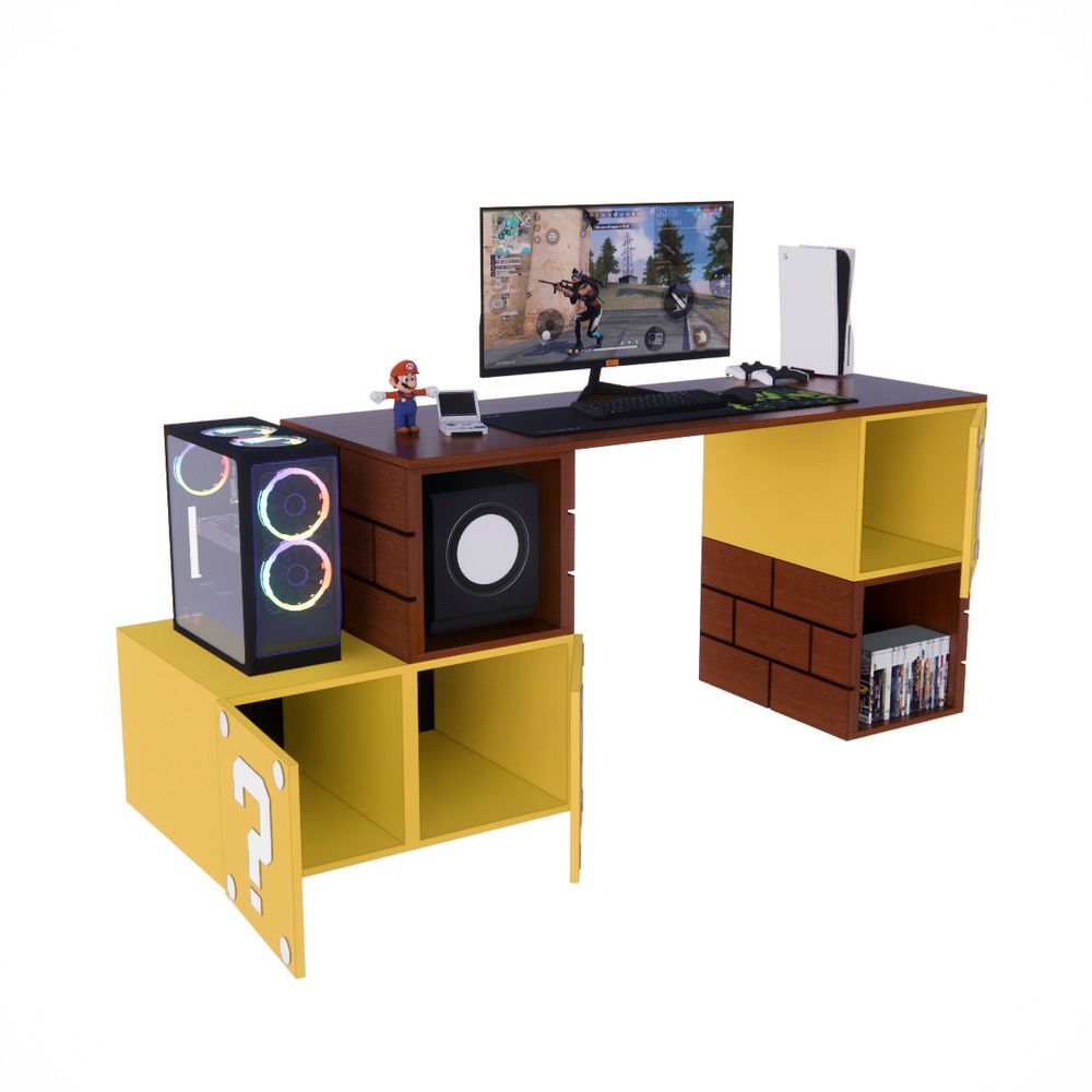 Escritorio Gamer Mario NR 01 200cm Movenda Cerezo con Amarillo ...