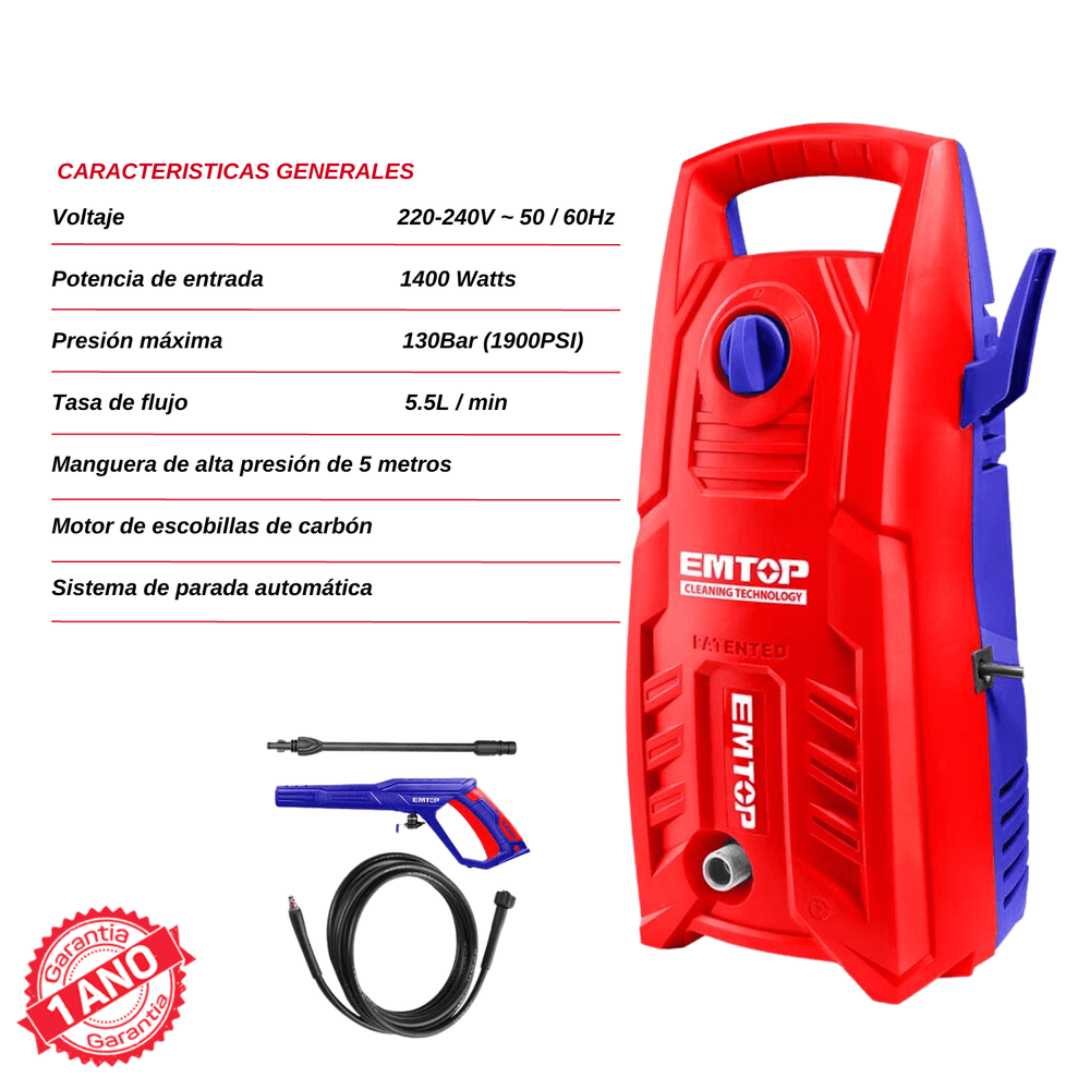 Hidrolavadora 130 Bar 1900 psi 1400W Emtop EHPW1401 | plazaVea - Supermercado