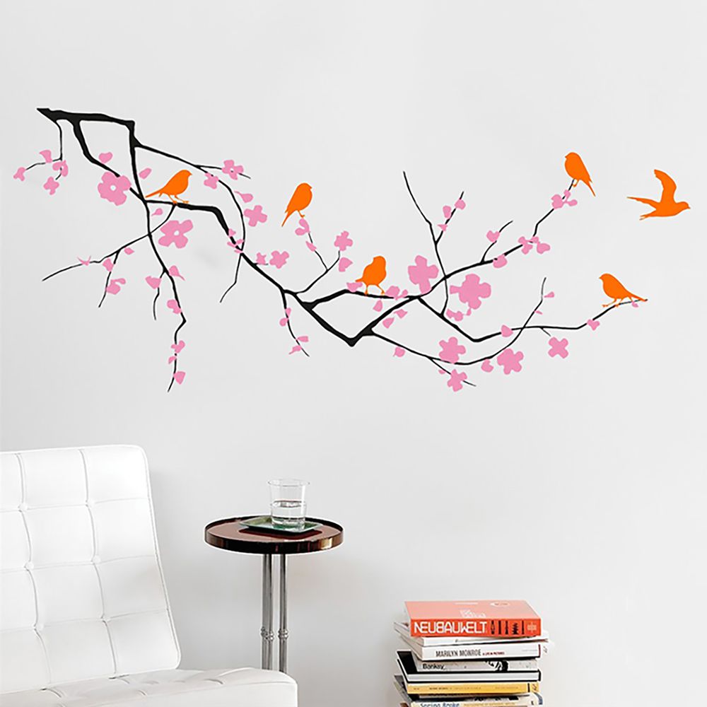 Vinilo Rama Horizontal y Aves Negro Rosado Naranja Mediano Sticker ...