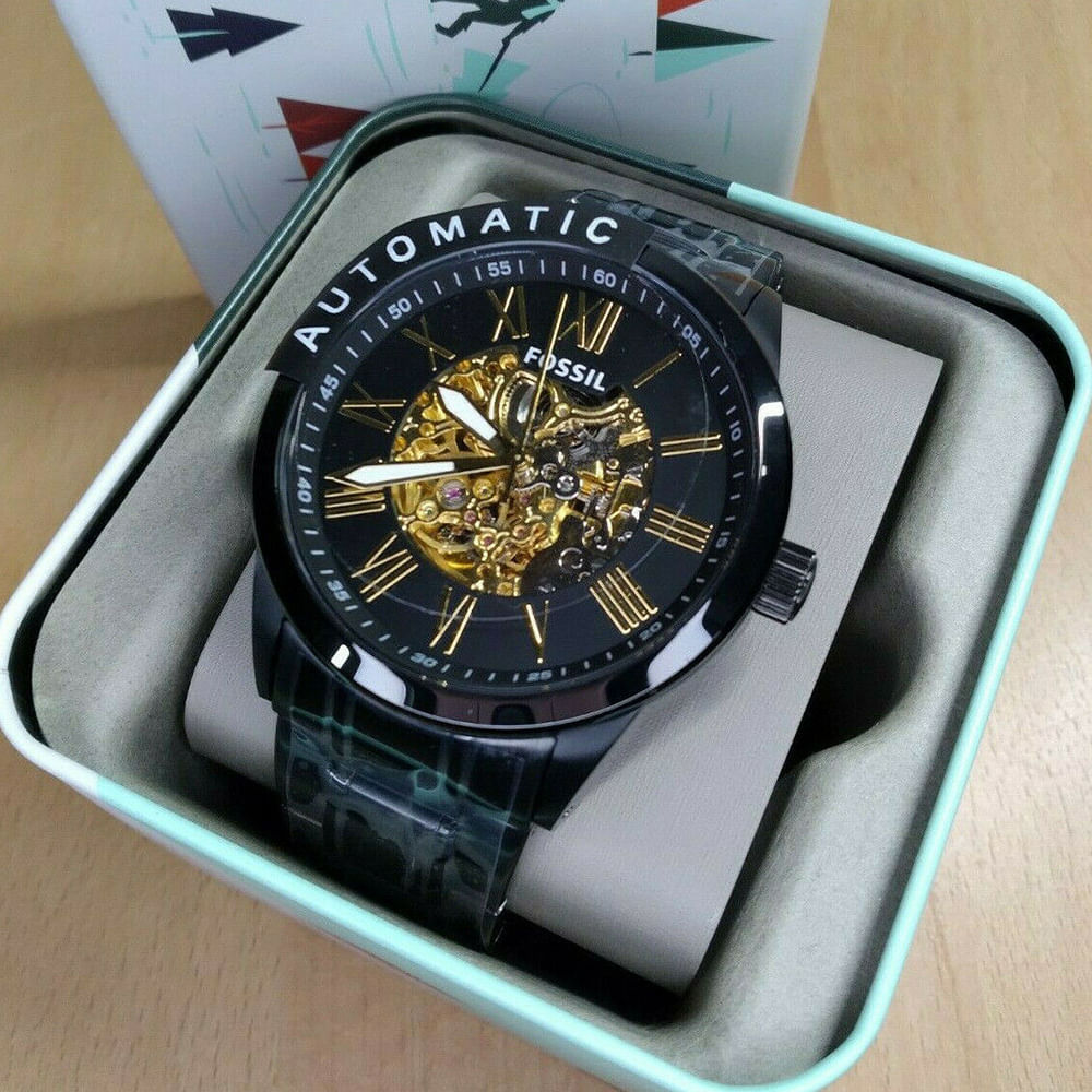 Reloj Fossil Flynn BQ2092 Automático Acero Inoxidable Negro Dial Dorado ...