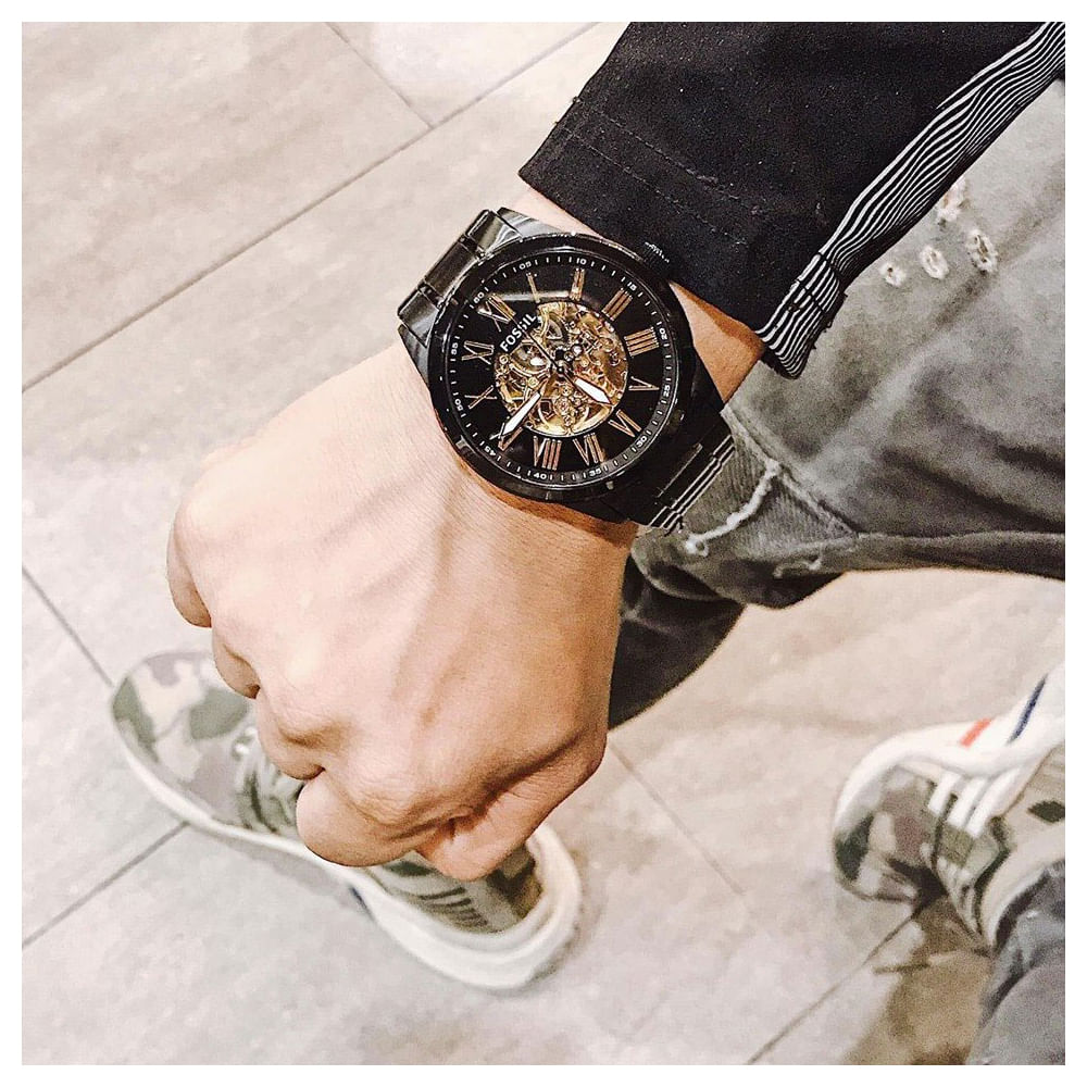Reloj Fossil Flynn BQ2092 Automático Acero Inoxidable Negro Dial Dorado ...