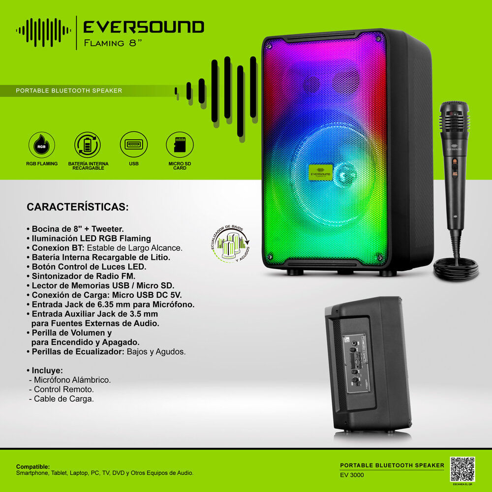 Parlante Portatil 8 Bt Rgb Led Usb Fm Eversound Flaming Ev3000 ...