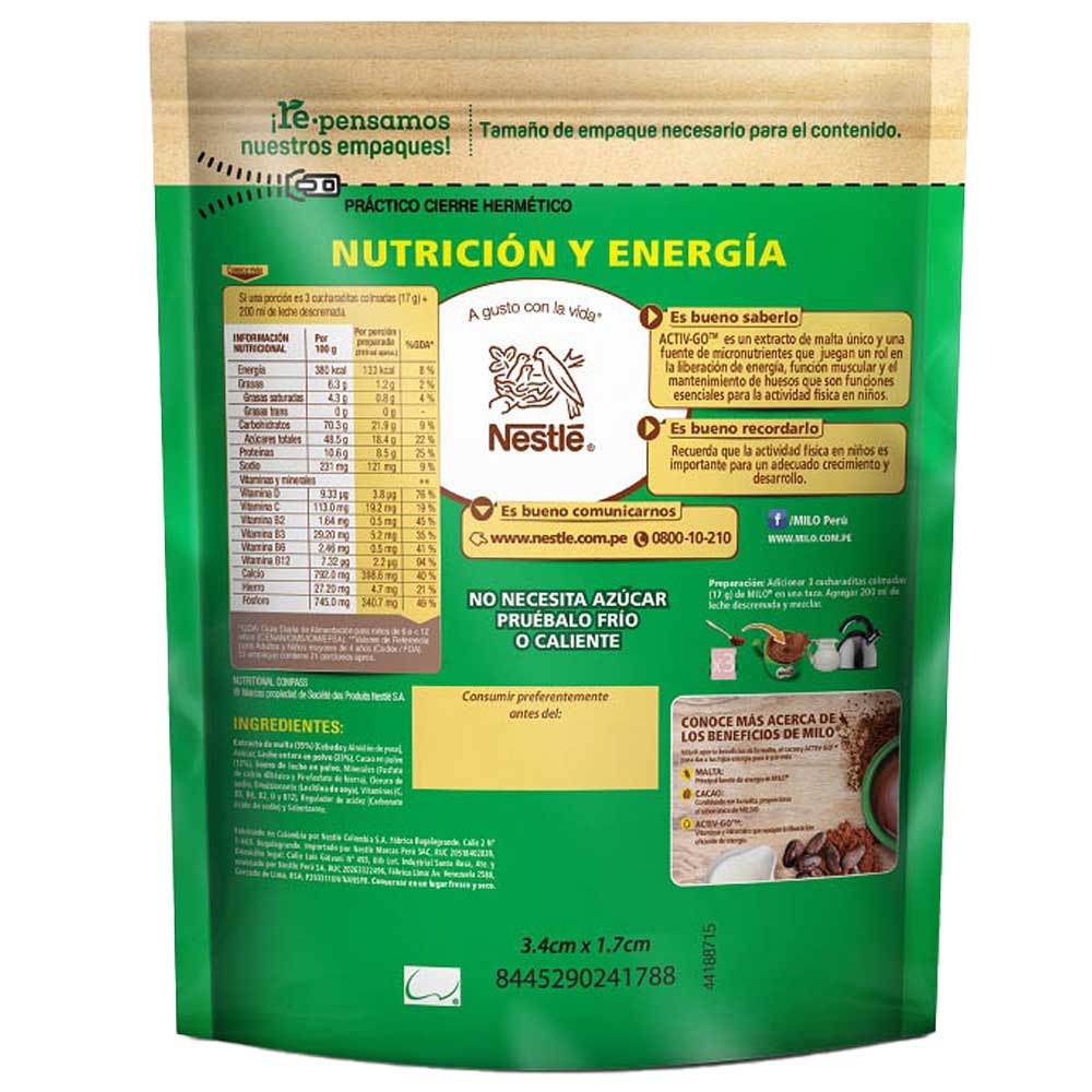 Fortificante Granulado MILO Activ - Go Doypack 350g | plazaVea ...