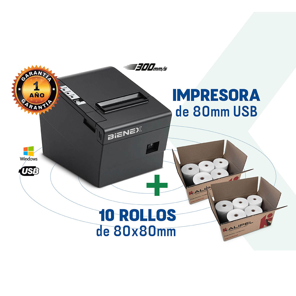 Impresora ticketera termica USB 80mm BIENEX +10 Papel Termico 80mm ...