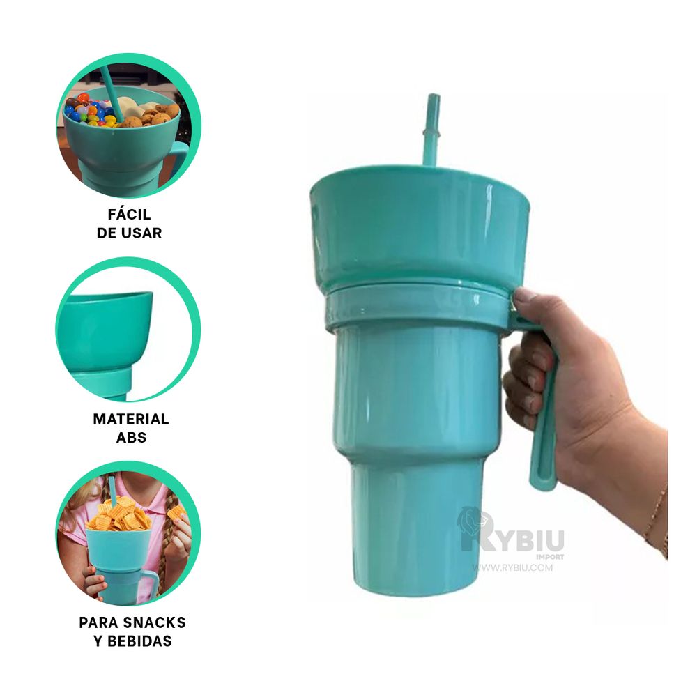 Vaso 2 en 1 para Bebidas y Snacks en Tono Verde Agua - Supermercado