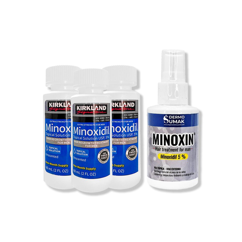 3 Minoxidil Liquido Kirkland + Locion Minoxin 60ml - plazaVea