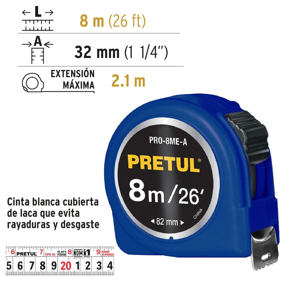 Wincha cinta métrica flexómetro azul 8 m cinta 25 mm, Pretul - plazaVea
