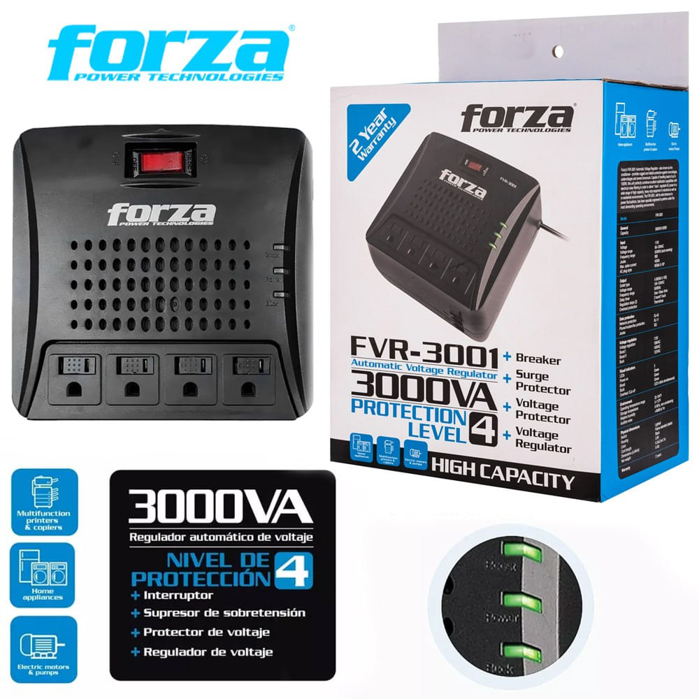 Estabilizador FORZA FVR-3002 3000VA 1500W 4 TOMAS 220V Regulador ...