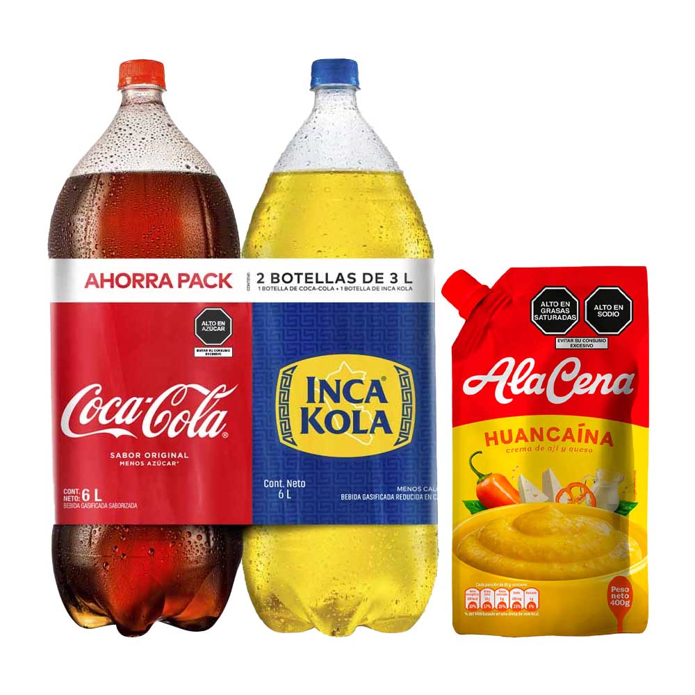 Pack Gaseosa COCA COLA + INCA KOLA 2Pack Botella 3L + Crema Huancaína ...