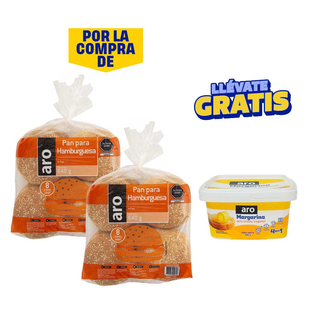 Pack Pan Hamburguesa Jumbo ARO 640g Paquete 8un x 2un + Margarina ARO ...