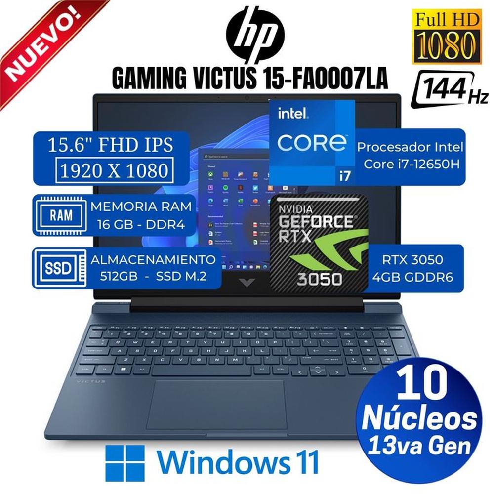 Laptop Gamer HP Victus 15-FA0007LA 15.6” FHD, Core i7-12650H, Ram 16GB, SSD 512GB, Rtx 3050, Win ...