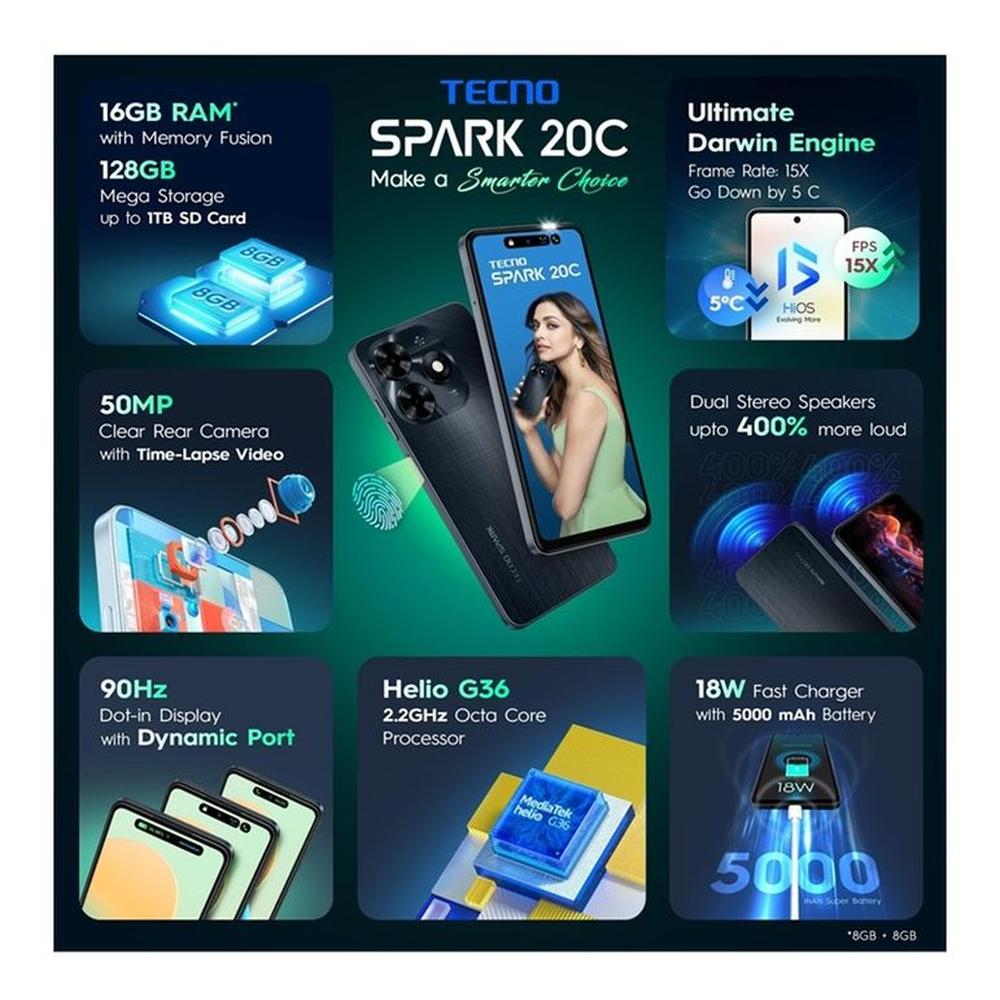 SMARTPHONE TECNO MOBILE SPARK 20C BG7 128GB ROM+ 16GB RAM EXTENDIDA (8GB +8GB RAM) GRAVITY BLACK ...