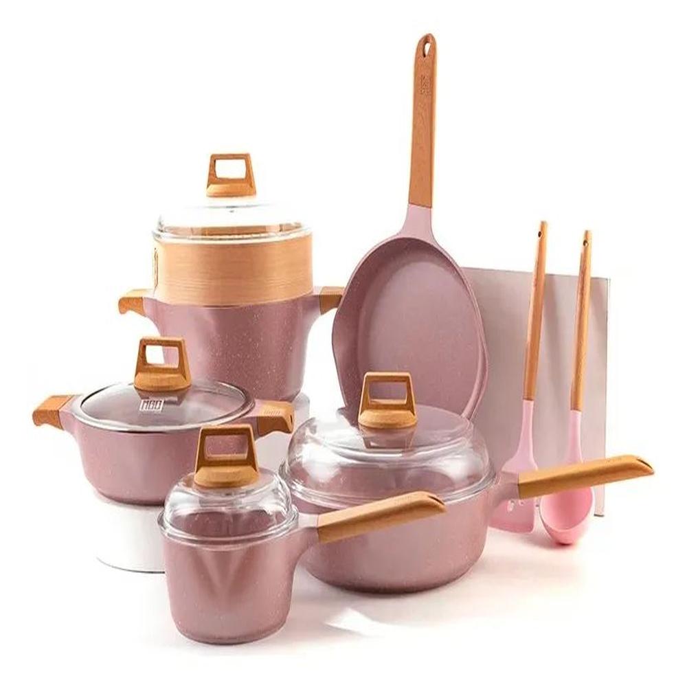 Set Ollas Roca Volcánica Antiadherente con Vaporizador Bambú 13pcs ROSA ...