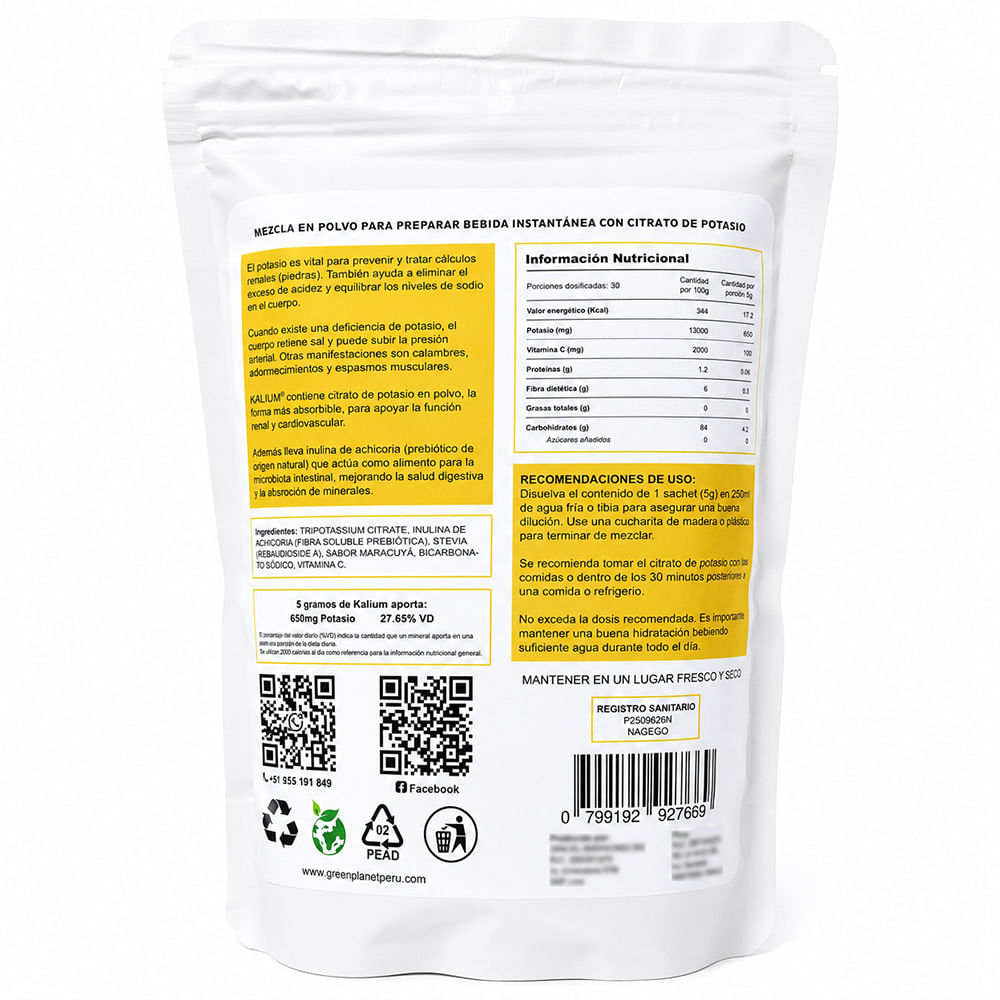 Kalium Citrato de Potasio en Polvo Doypack x 30 sachets Sabor Maracuyá ...