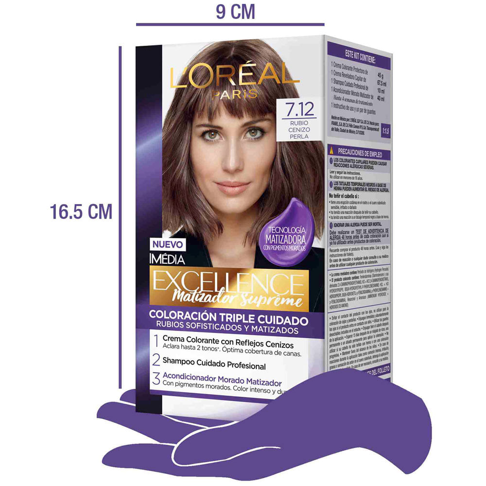 Tinte para Cabello EXCELLENCE Mujer 7.12 Rubio Cenizo Perla Caja 1un ...