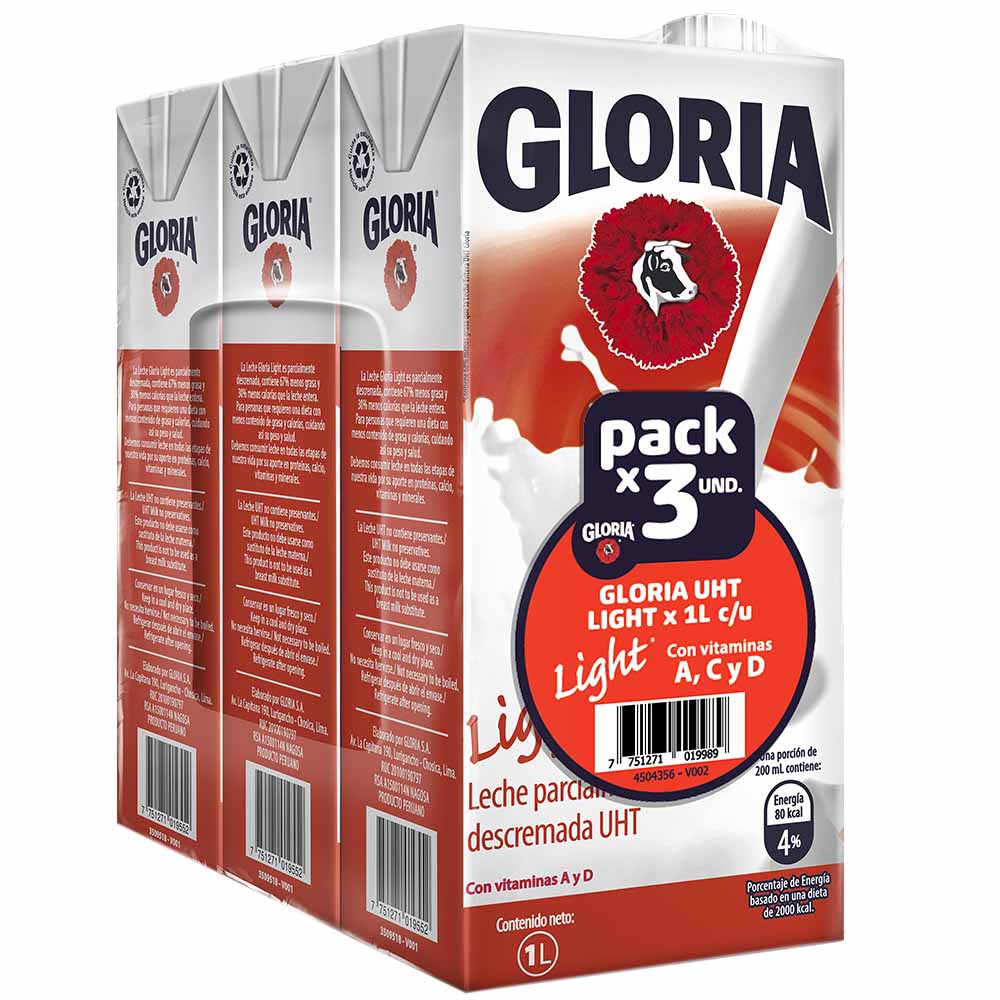 Leche UHT GLORIA Light Pack 3un x 1L | plazaVea - Supermercado